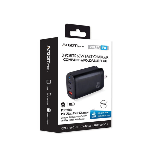 Argom Volta P8 65W Dual PD Type-C + USB With Foldable Plug 3 Ports Fas ...